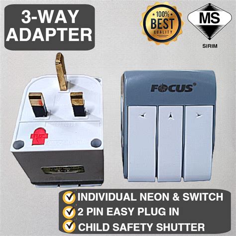 [sirim] 3 Way Adapter Multi Adapter Extension Switch Socket Multi Plug Adaptor With Led Neon