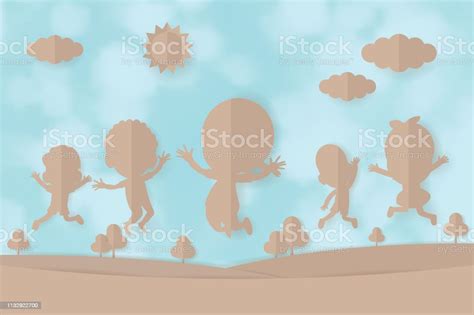 아이 점프 어린이의 종이 예술 스타일 놀이터에 기쁨으로 뛰어 행복 한 만화 아이 배경에서 재생 구름에 대한 스톡 벡터 아트 및 기타 이미지 Istock
