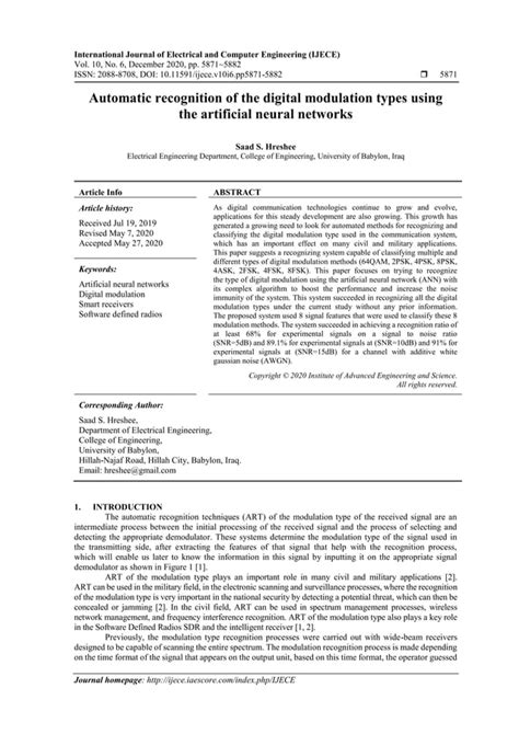 Automatic Recognition Of The Digital Modulation Types Using The Artificial Neural Networks Pdf