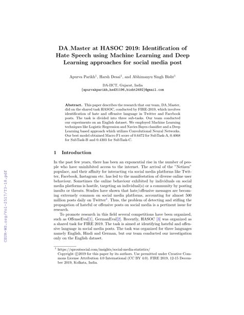 PDF DA Master At HASOC Identification Of Hate Speech Using Machine Learning And Deep