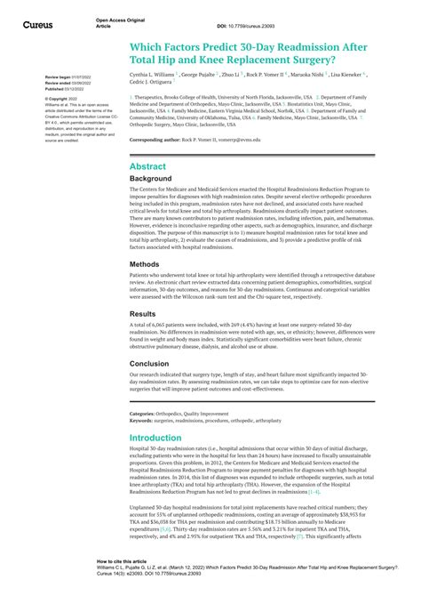 Pdf Which Factors Predict 30 Day Readmission After Total Hip And Knee Replacement Surgery