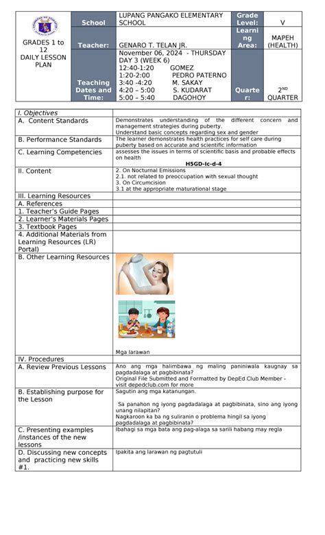 DAILY LESSON LOG ON PUBERTY GRADES 1 To 12 DAILY LESSON PLAN Babe LUPANG PANGAKO ELEMENTARY
