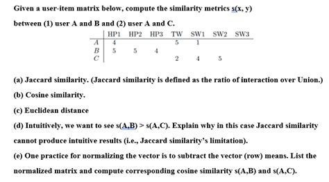 solved given a user item matrix below compute the