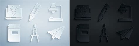 화면 노트북 아이콘에 드로잉 나침반 테이블 램프 책 종이 비행기 마커 펜 및 졸업 캡을 설정합니다 벡터 3차원 형태에 대한 스톡 벡터 아트 및 기타 이미지 Istock