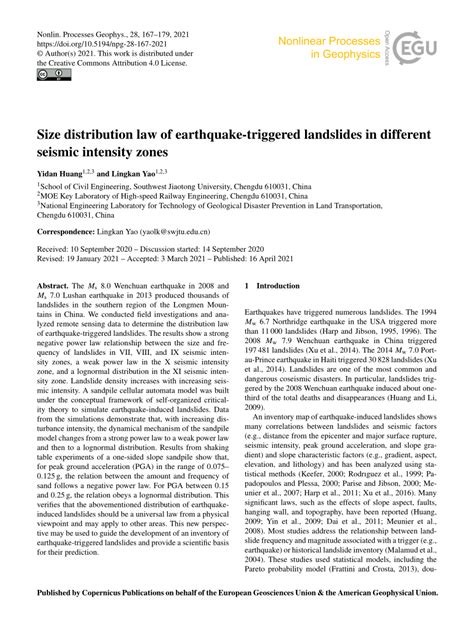 Pdf Size Distribution Law Of Earthquake Triggered Landslides In