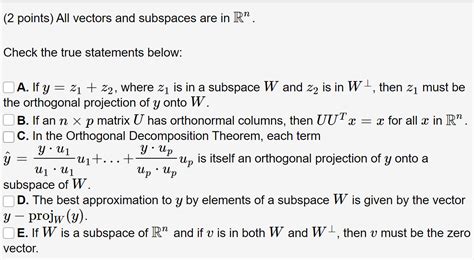 solved 2 points all vectors and subspaces are in r” check
