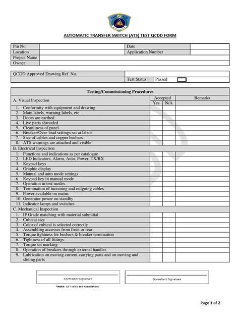 Automatic Transfer Switch Ats Test Qcdd Form Pdf Switch Mains Electricity