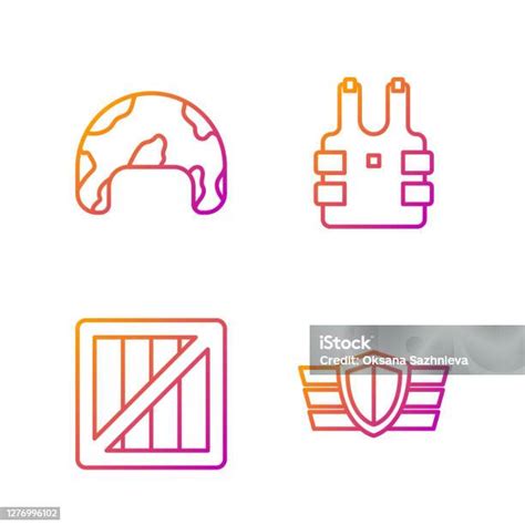 세트 라인 군사 보상 메달 군사 탄약 상자 군사 헬멧및 총알로부터 보호하기위한 방탄 조끼 그라데이션 색상 아이콘입니다 벡터 경찰관에 대한 스톡 벡터 아트 및 기타 이미지