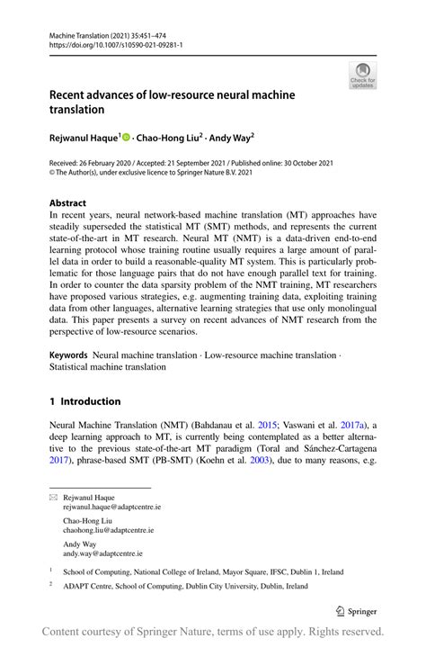 Recent Advances Of Low Resource Neural Machine Translation Request Pdf