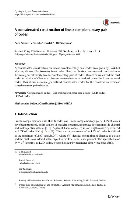 Pdf A Concatenated Construction Of Linear Complementary Pair Of Codes