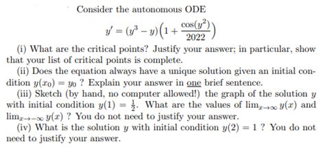 Consider the autonomous ODE y′=(y3−y)(1+2022cos(y2)) | Chegg.com