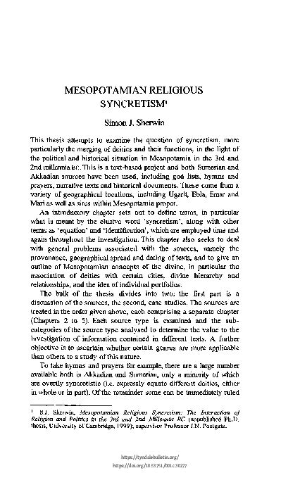 Pdf Mesopotamian Religious Syncretism