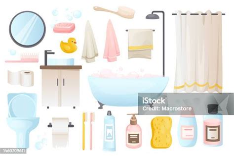욕실 도구는 평면 디자인의 그래픽 요소를 설정합니다 목욕 거울 비누 고무 오리 수건 샤워 커튼 빗 화장실 종이 싱크대 샴푸 및 기타 번들 벡터 그림 격리 된 개체 가정