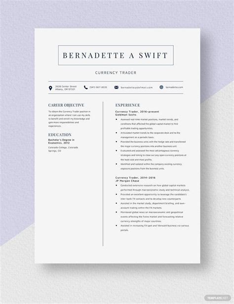 Currency Trader Resume In Pages Word Download Template Net