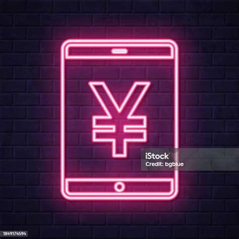 Tablet Pc With Yen Sign Glowing Neon Icon On Brick Wall Background