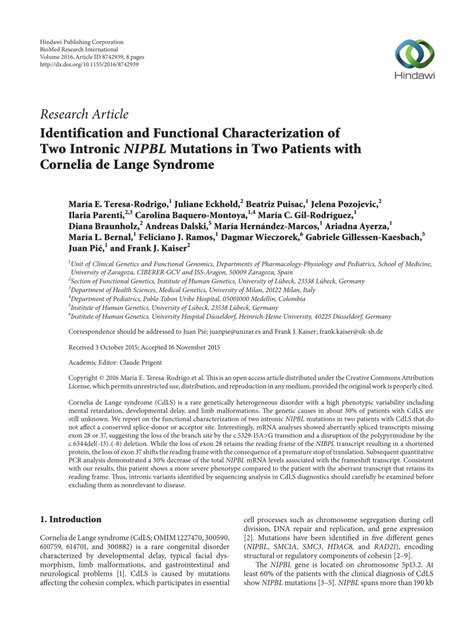 Pdf Identification And Functional Characterization Of Two Intronic Nipbl Mutations In Two