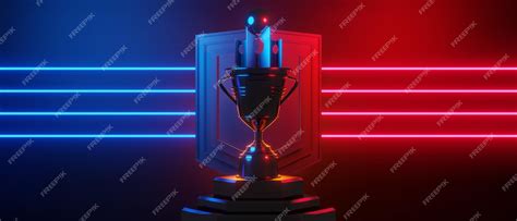 공상 과학 게임 레드 블루 대 E스포츠 Backgound Vr 가상 현실 시뮬레이션 및 메타버스 장면 스탠드 받침대 무대 3d 그림 렌더링의 챔피언 컵 수상 토너먼트 비디오