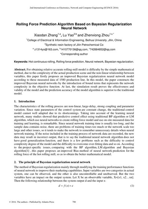 Pdf Rolling Force Prediction Algorithm Based On Bayesian Regularization Neural Network
