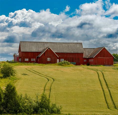 Jönköping 건축 경작지 경치 경치가 좋은 계절 광대 한 들판 구름 그림 같은 나무 농가 농가 외관