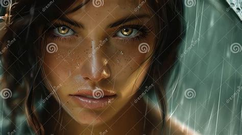 Woman With Hazel Eyes Stands In Rain Wearing Poncho Dripping Wet