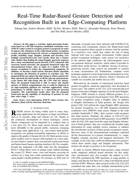 Pdf Real Time Radar Based Gesture Detection And Recognition Built In An Edge Computing Platform