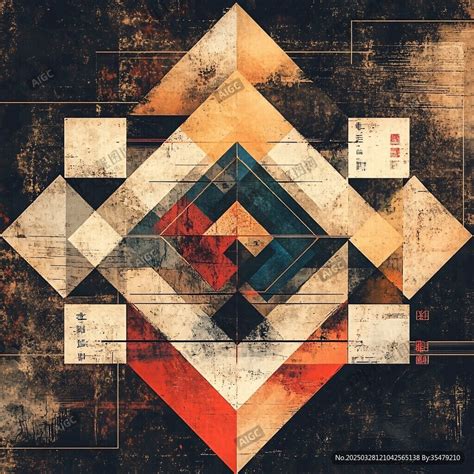Ai创作图几何 图案 复古 艺术 抽象 色彩 线条 方块 菱形 对称 纹理 拼接 设计 装饰 风格 昵图网