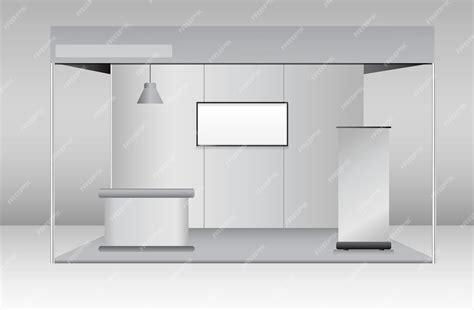 현실적인 무역 전시회 스탠드 또는 흰색 빈 전시 키오스크 또는 스탠드 부스 기업 세트 프리미엄 벡터