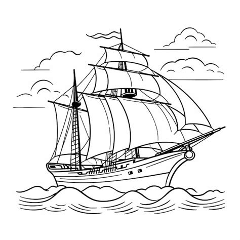 범선 색칠 페이지 흑백 벡터 일러스트 레이 션 프리미엄 Ai 생성 벡터
