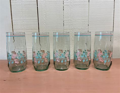 Vintage Libbey Beverage Glasses ~ Set Of 5 Peach And Green Floral