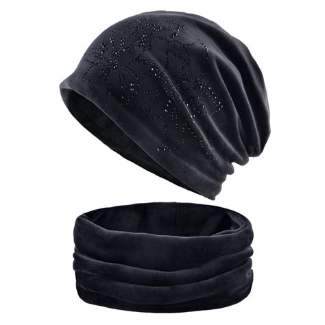 Womens Beanie Fashion Rhinestone Flower Hat And Scarf Winter Warm