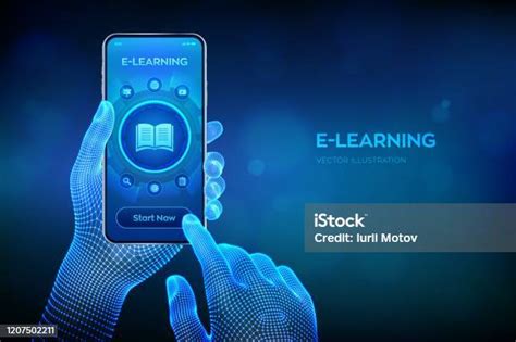 E러닝 혁신적인 온라인 교육 및 인터넷 기술 개념 웨비나 교육 온라인 교육 과정 기술 개발 와이어 프레임 손에 근접 스마트 폰