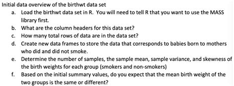 solved initial data overview of the birthwt data set a load