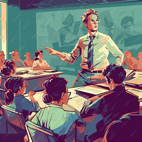 Premium Vector A Cartoon Of A Man Giving A Presentation In A Classroom