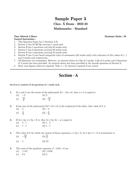 Mathematics Worksheet For Class 10 Cbse Mathematics Class 10 Sample