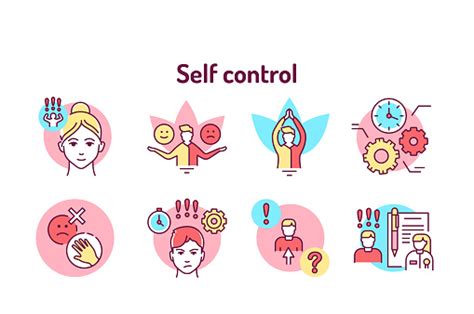 자체 제어 색상 선 아이콘 세트입니다 웹 페이지 모바일 앱 프로모션에 대한 유혹 Pictogram에 직면하여 자신의 감정 생각 행동을 조절 할 수있는 능력 편집 가능한