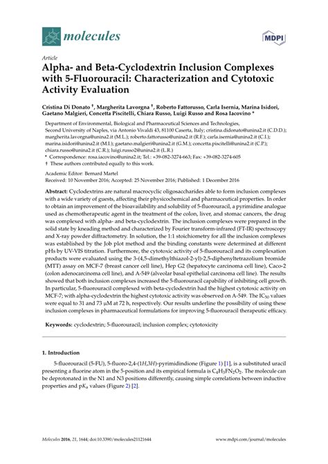 Pdf Alpha And Beta Cyclodextrin Inclusion Complexes With 5