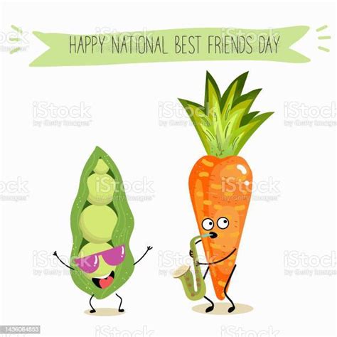 벡터 일러스트 레이 션 가장 친한 친구 야채 당근과 완두콩은 색소폰 재미있는 손으로 그린 만화 캐릭터 텍스트 행복한 국가 가장