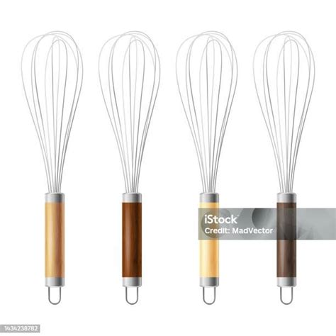 벡터 사실적인 3d 금속 및 나무 와이어 스틸 휘스크 아이콘 세트 근접 촬영 절연 요리 기구 계란 비터 혼합 및 채찍질을위한 요리 공기 털 디자인 템플릿 모형 베이커리를위한