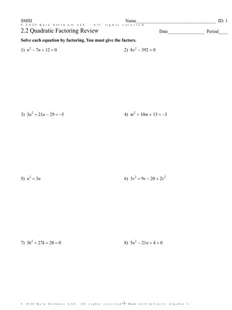 22 Smiii Quadratic Factoring Review Pdf Mathematical Concepts