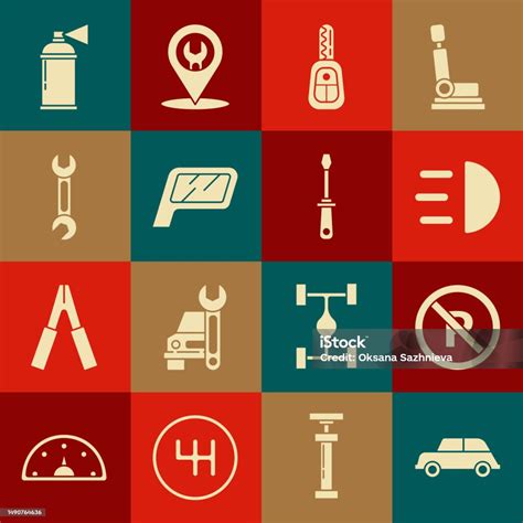 자동차 설정 주차 또는 정지 금지 하이빔 리모컨이 있는 키 거울 렌치 페인트 스프레이 캔 및 드라이버 아이콘 벡터 거울에 대한 스톡 벡터 아트 및 기타 이미지 Istock