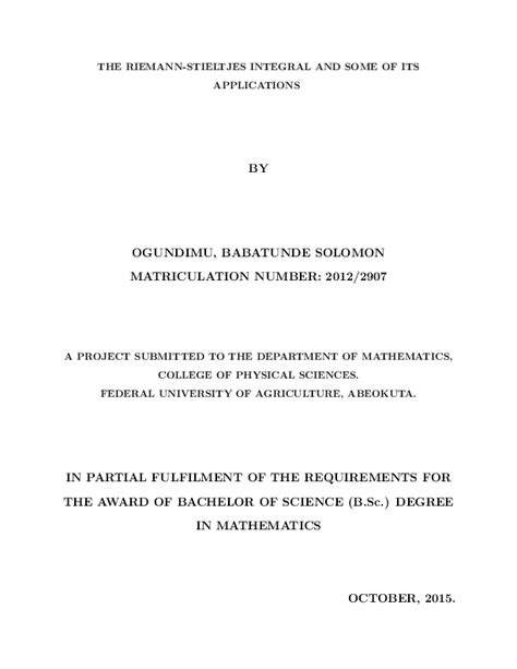 Pdf The Riemann Stieltjes Integral And Some Of Its Applications