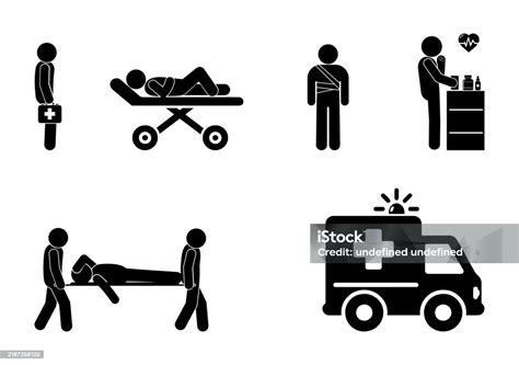 앰뷸런스 아이콘 세트 스틱 그림 Stickman Man 고립 된 실루엣 의학 기호 구급 대원이 사람들을 돕습니다 가지 식물 부위에 대한 스톡 벡터 아트 및 기타 이미지