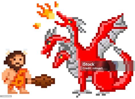 빨간 3머리 드래곤 호흡 화재 고립에 맞서 싸우는 지휘봉을 들고 있는 픽셀화 된 원시인 가공의 인물에 대한 스톡 벡터 아트 및