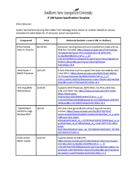 It 200 Constructing A Computer System It 200 System Specifications Template Client Gamer