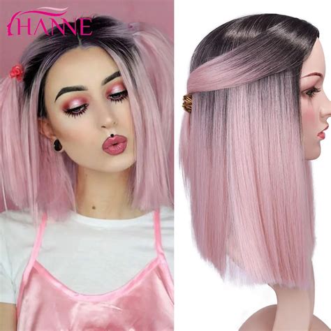 Hanne 옴브레 라이트 핑크레드블루 짧은 스트레이트 밥 가발 중간 부분 코스프레 흑인 백인 여성용 내열성 헤어