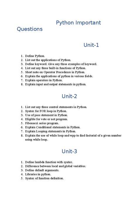 Python Important Questions Python Important Questions Unit Define