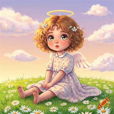 A Cute Cartoon Angel With Curly Hair And A Halo Sits In A Field Of