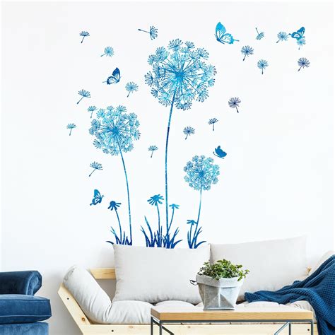 Tanlaby Denti Di Leone Adesivi Murali Blu Fiori Adesivi Da Parete Tarassaco Farfalla Stickers