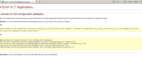 Ms Library Moss Sharepoint Library Cannot Connect To The Configuration Database Error In