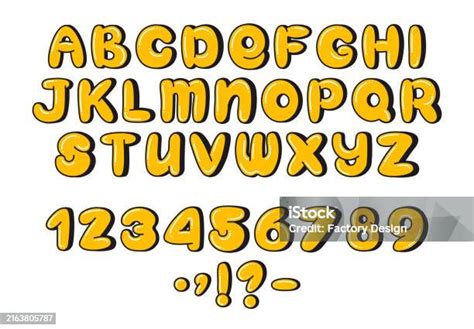 만화 거품 알파벳 밝은 노란색의 대문자 숫자 및 구두점을 특징으로 하는 생생한 통통한 글꼴입니다 어린이용 디자인 파티 초대장 로고 및 타이포그래피에 적합합니다 벡터 일러스트
